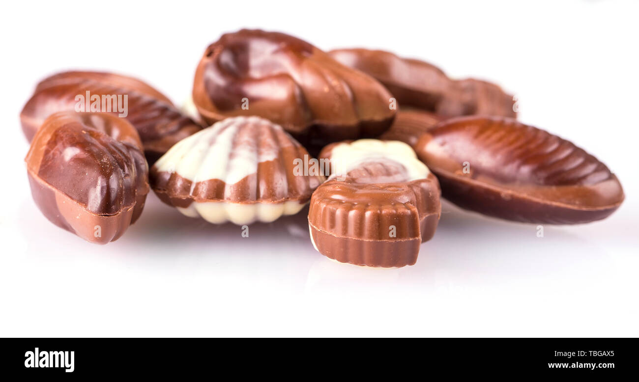 Chocolate candy desert. Chocolate candies in the form of seafood on ...