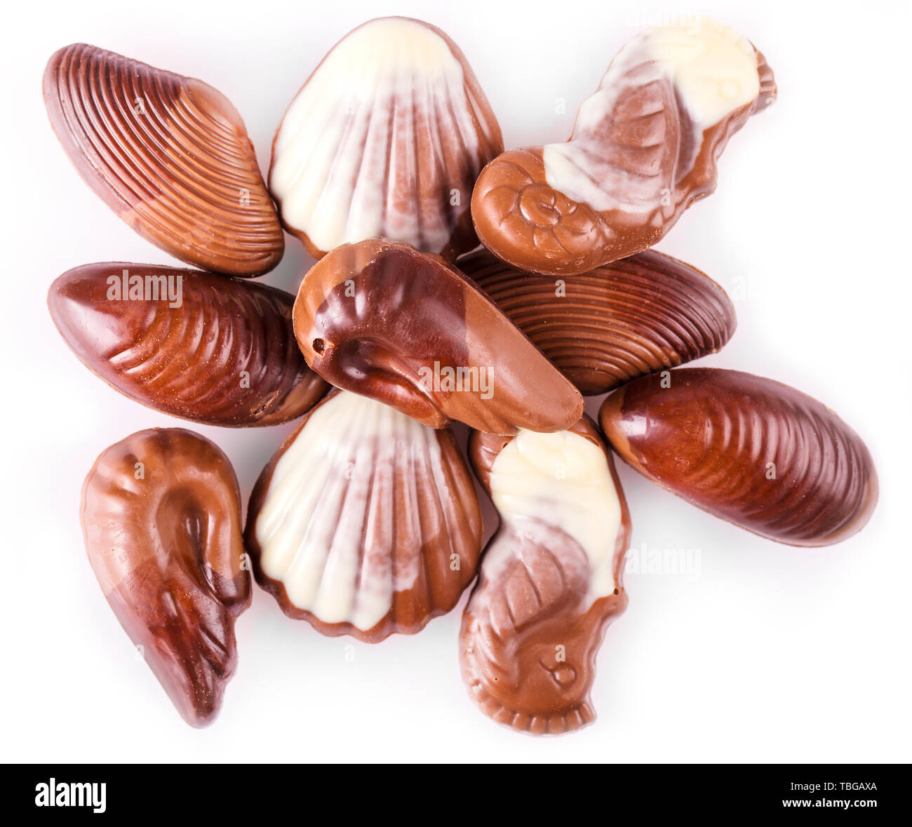 Chocolate candy desert. Chocolate candies in the form of seafood Stock ...