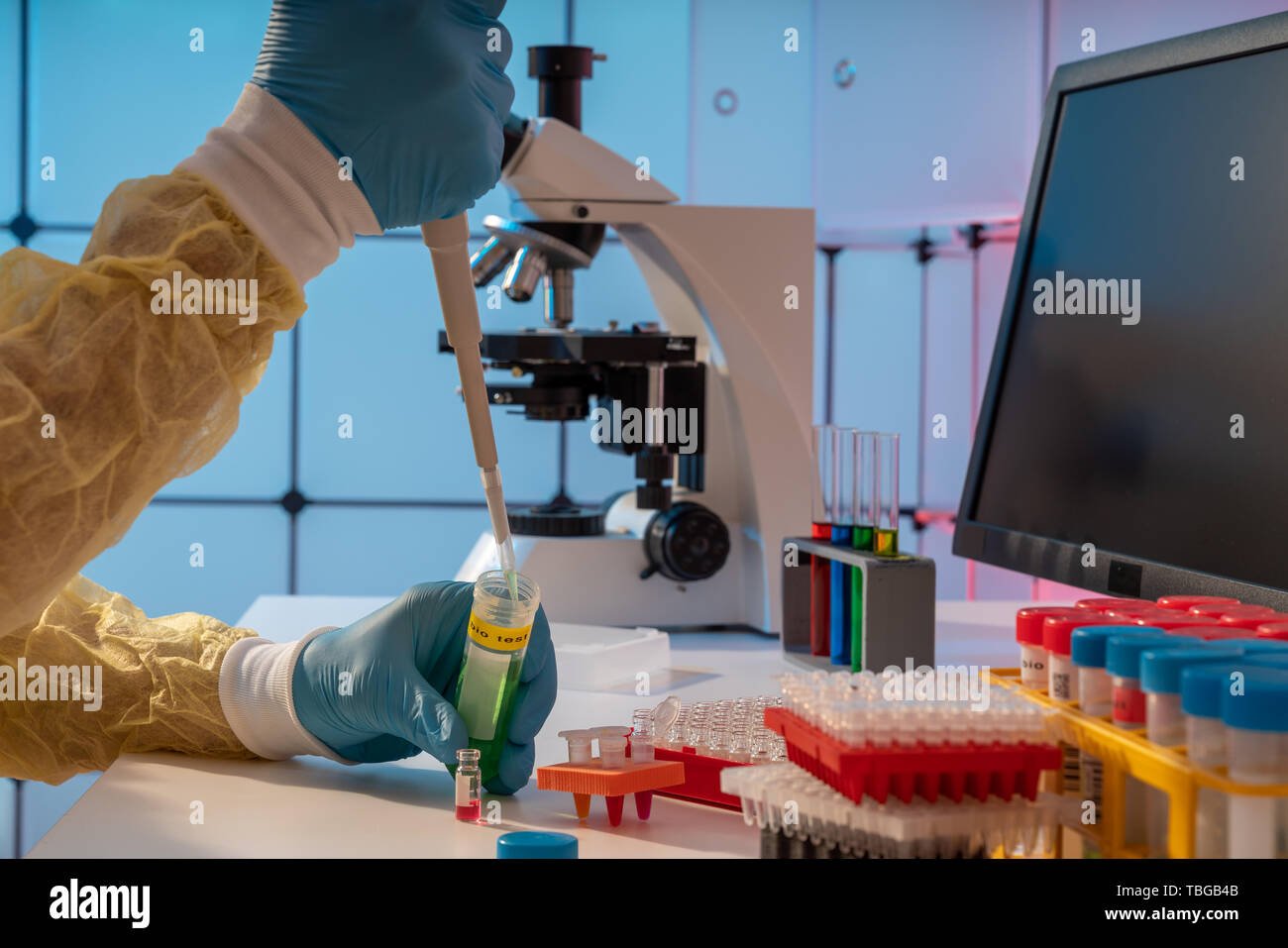 scientific experiment in microbiology laboratory. pipetting genetic ...
