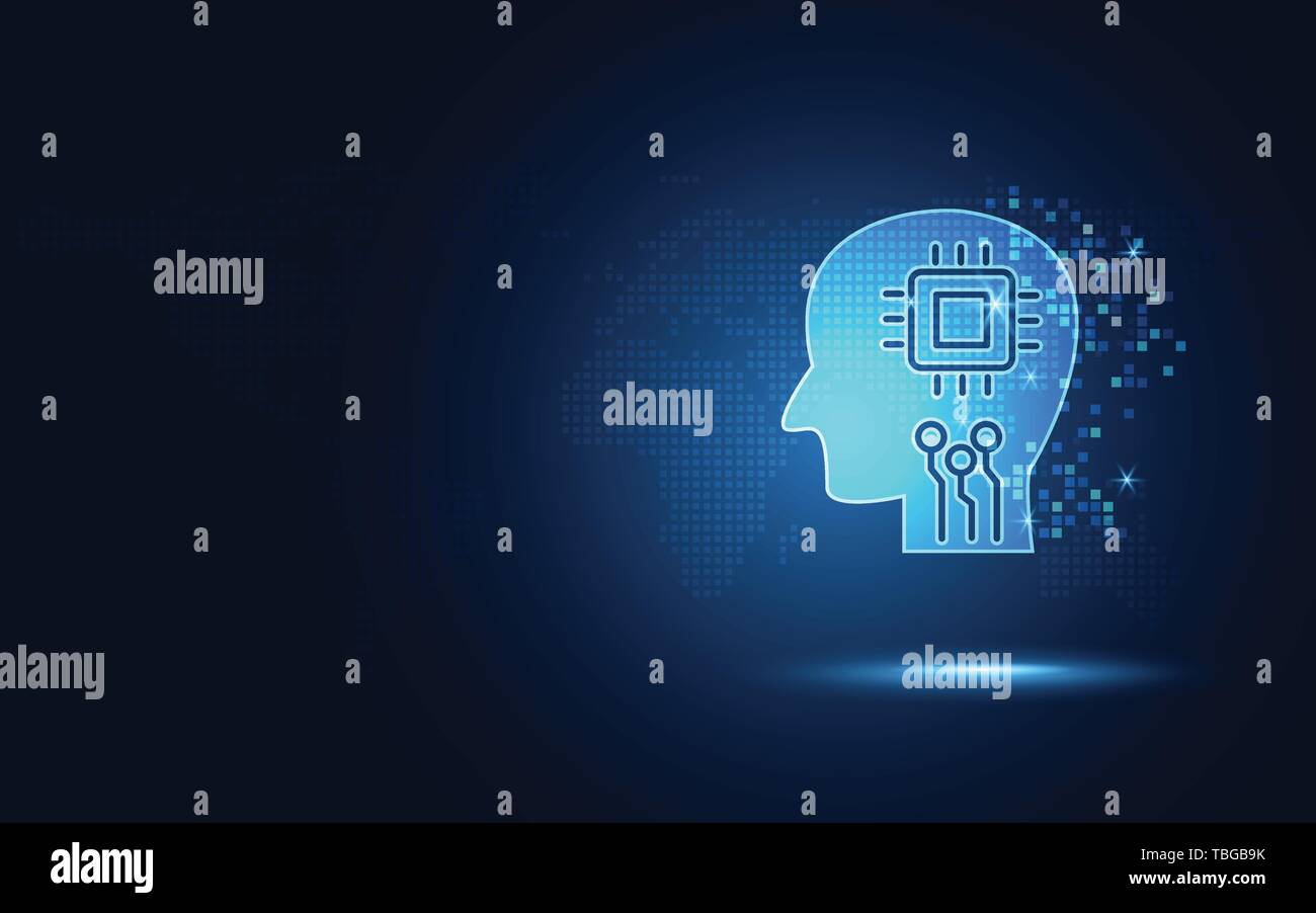 Futuristic blue human digital circuit and microchip in brain as artificial intelligence or AI ...