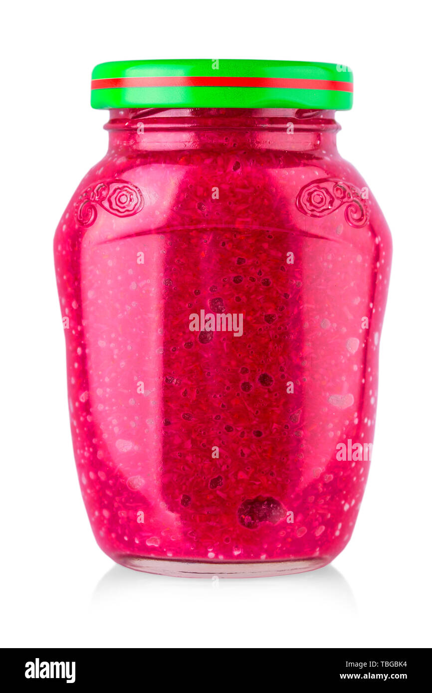 Jar of red jam with green cover, isolated on white background Stock ...