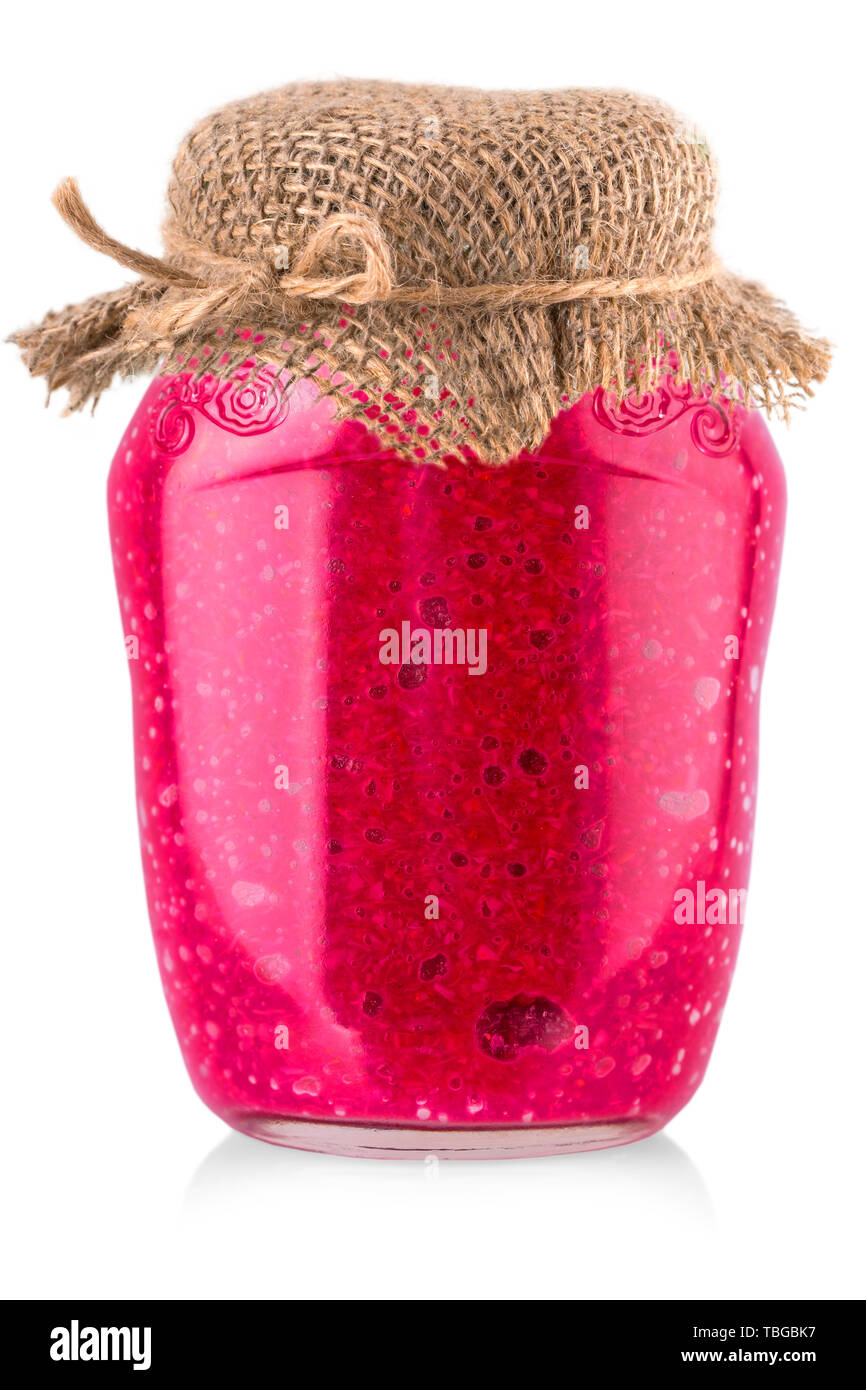 Jar of red jam with sackcloth cover, isolated on white background Stock ...