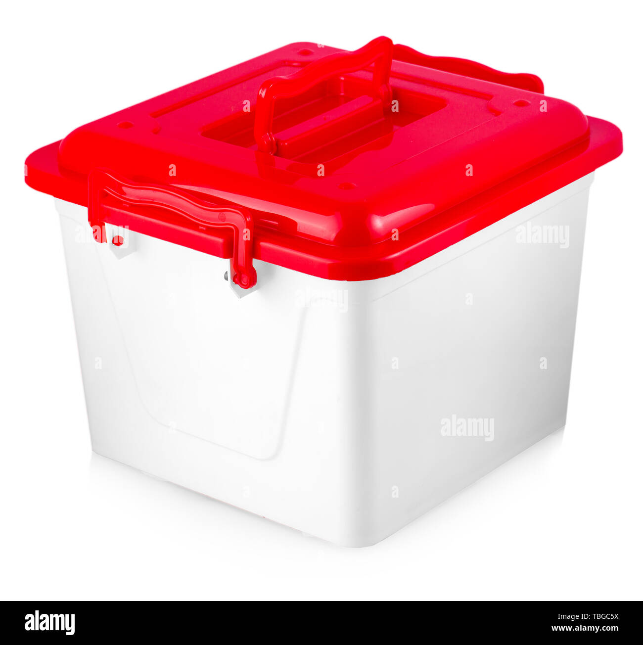 White plastic box with red cover on white background Stock Photo - Alamy