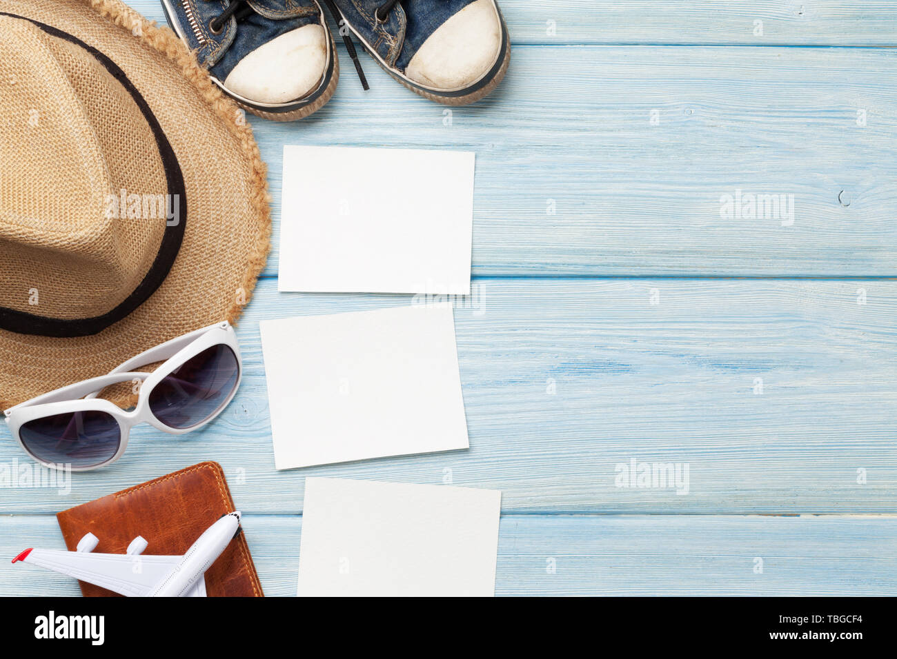 Travel vacation background concept with sunglasses, hat, camera ...