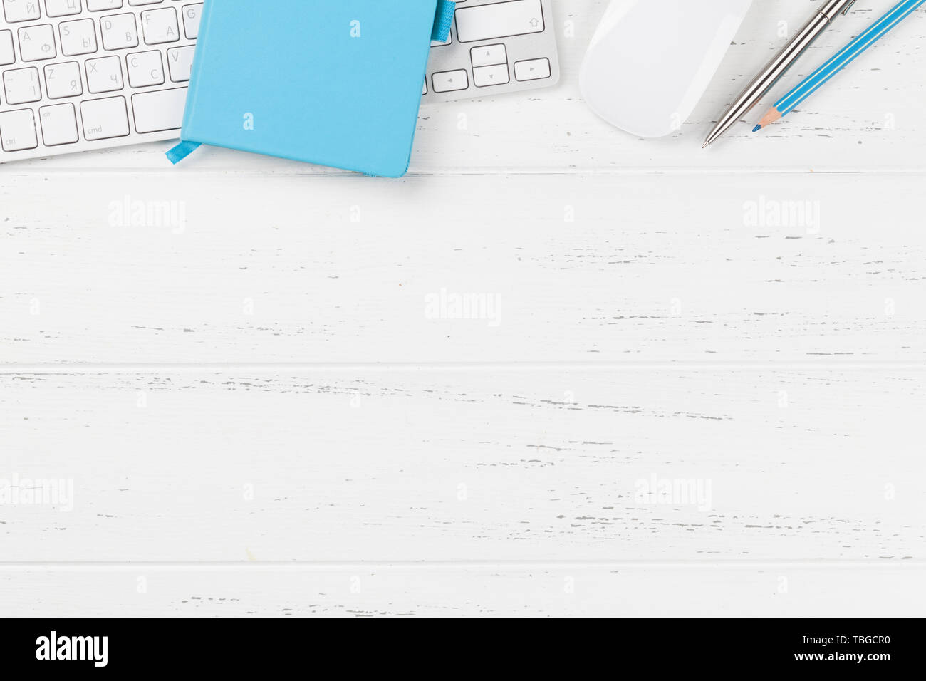 Office workplace table with supplies and computer. Flat lay. Top view ...