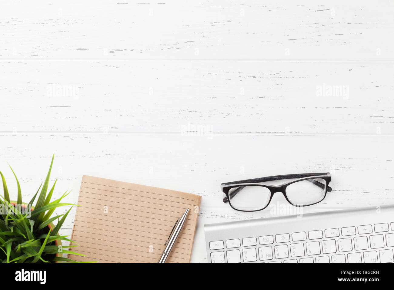 Office workplace table with supplies and computer. Flat lay. Top view ...