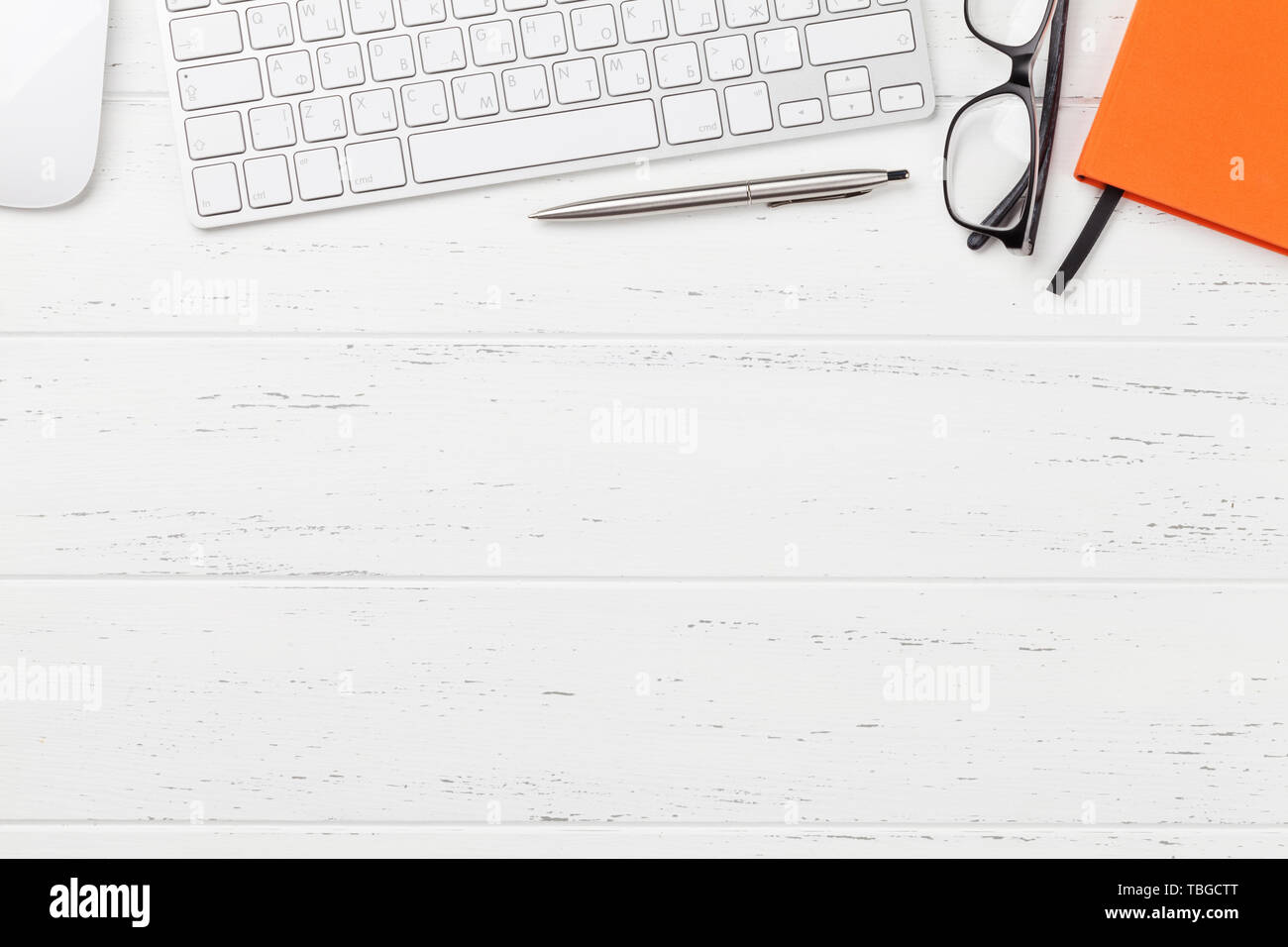 Office workplace table with supplies and computer. Flat lay. Top view ...