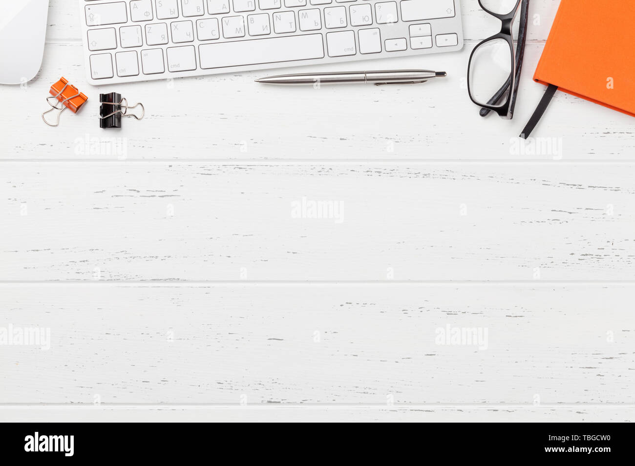 Office workplace table with supplies and computer. Flat lay. Top view ...