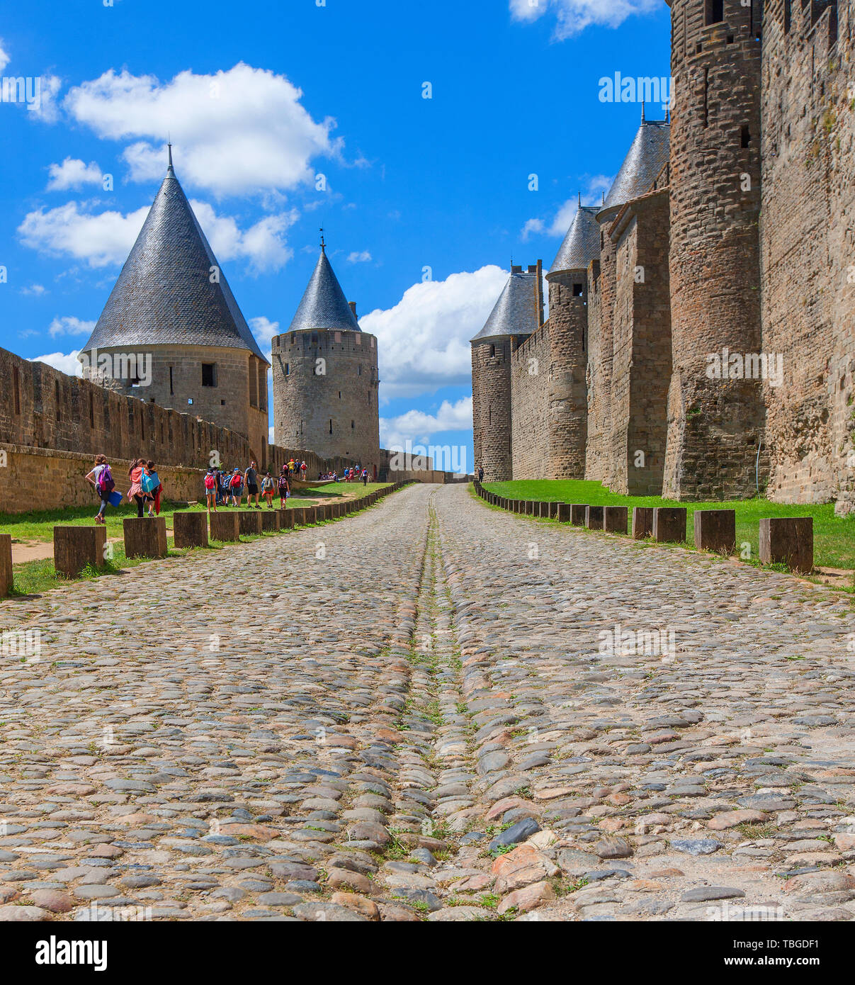 CARCASSONNE, FRANCE - JUNE 2018: A street in Carcassone Old Town with ...