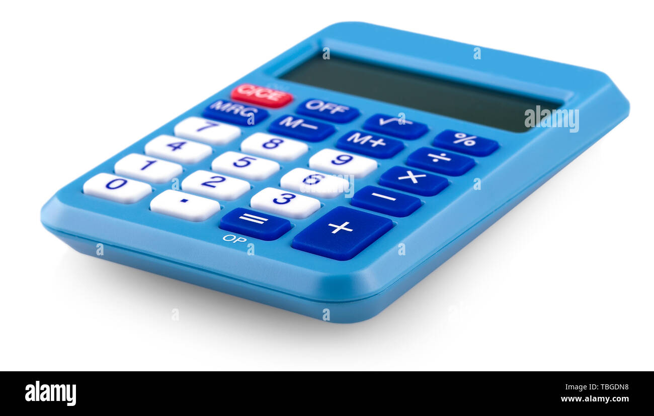 Close up button calculator , blue calculator on white background Stock ...