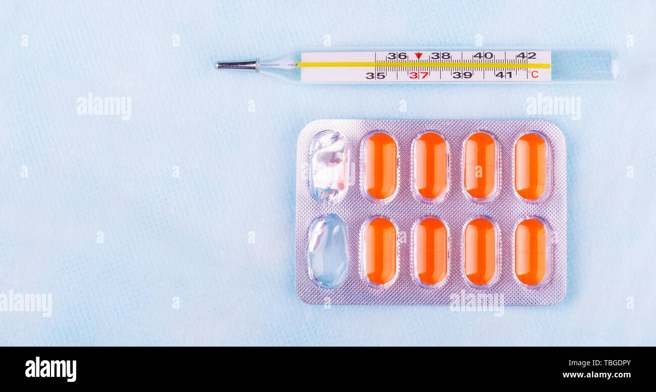 Pills Drugs and Thermometer, Red Tablets Capsule on White, Health and ...