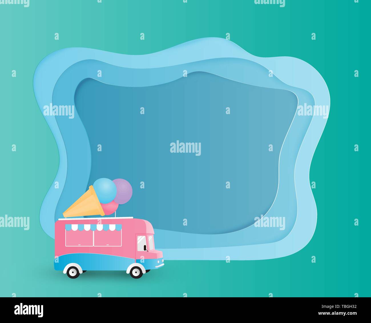Ice Cream Van On Green Paper Cut Background Summer Background Concept For Wallpaper Poster