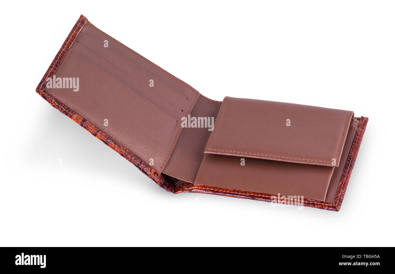 opened mens brown wallet crocodile on white background Stock Photo - Alamy