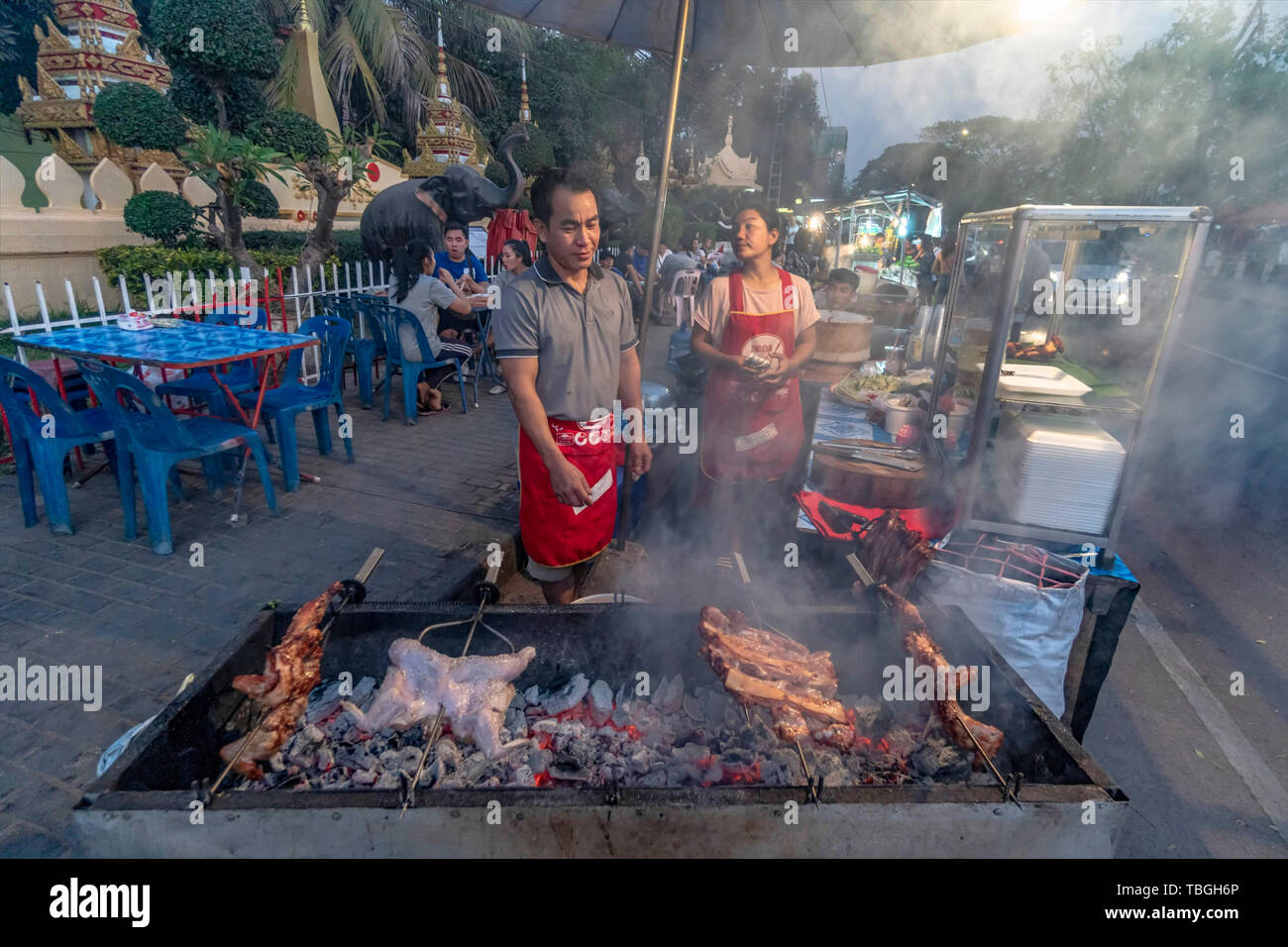 Food stall on main street in Vientiane, night market, Laos Stock Photo ...