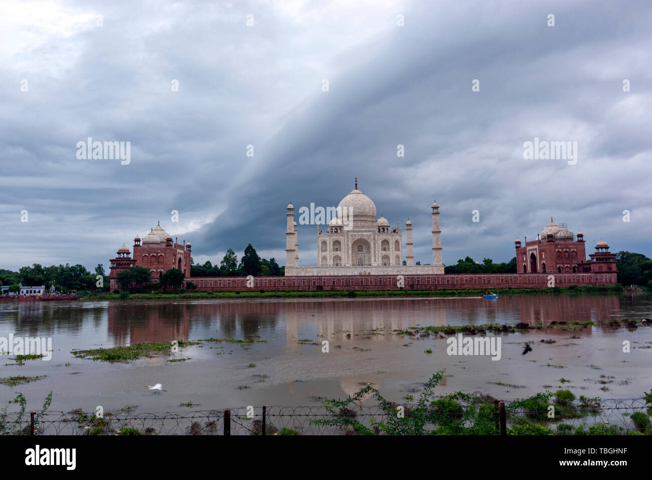 Tourist boat in Yamuna river from Mehtab Bagh, Taj Mahal View Point ...