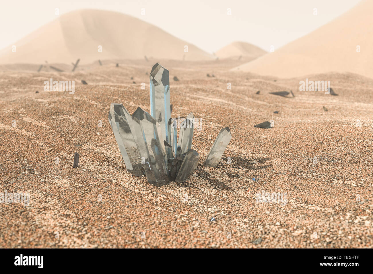 A cluster of magic crystal gather together in the desert, 3d rendering ...