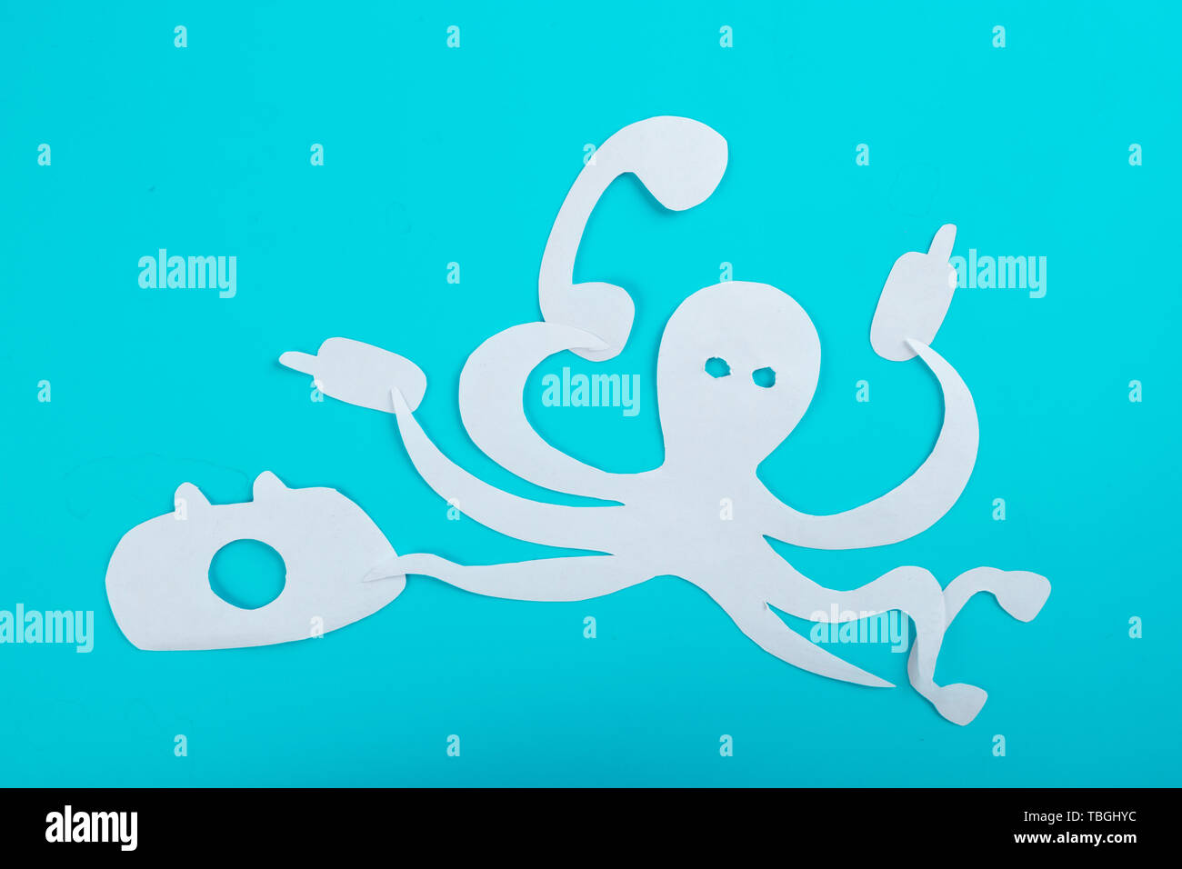octopus character as office worker with many phones Stock Photo - Alamy