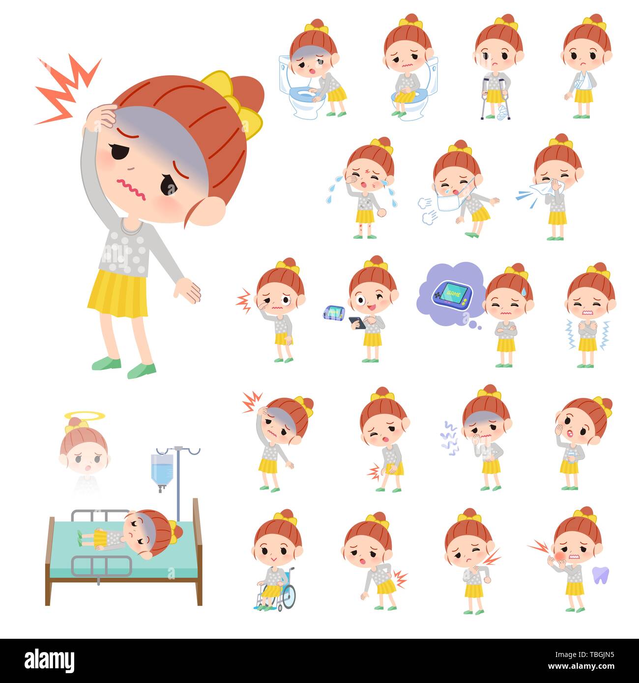 A set of girl with injury and illness.There are actions that express ...