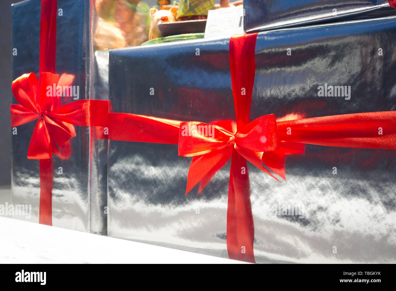 gift boxes with red ribbons. toned image Stock Photo - Alamy
