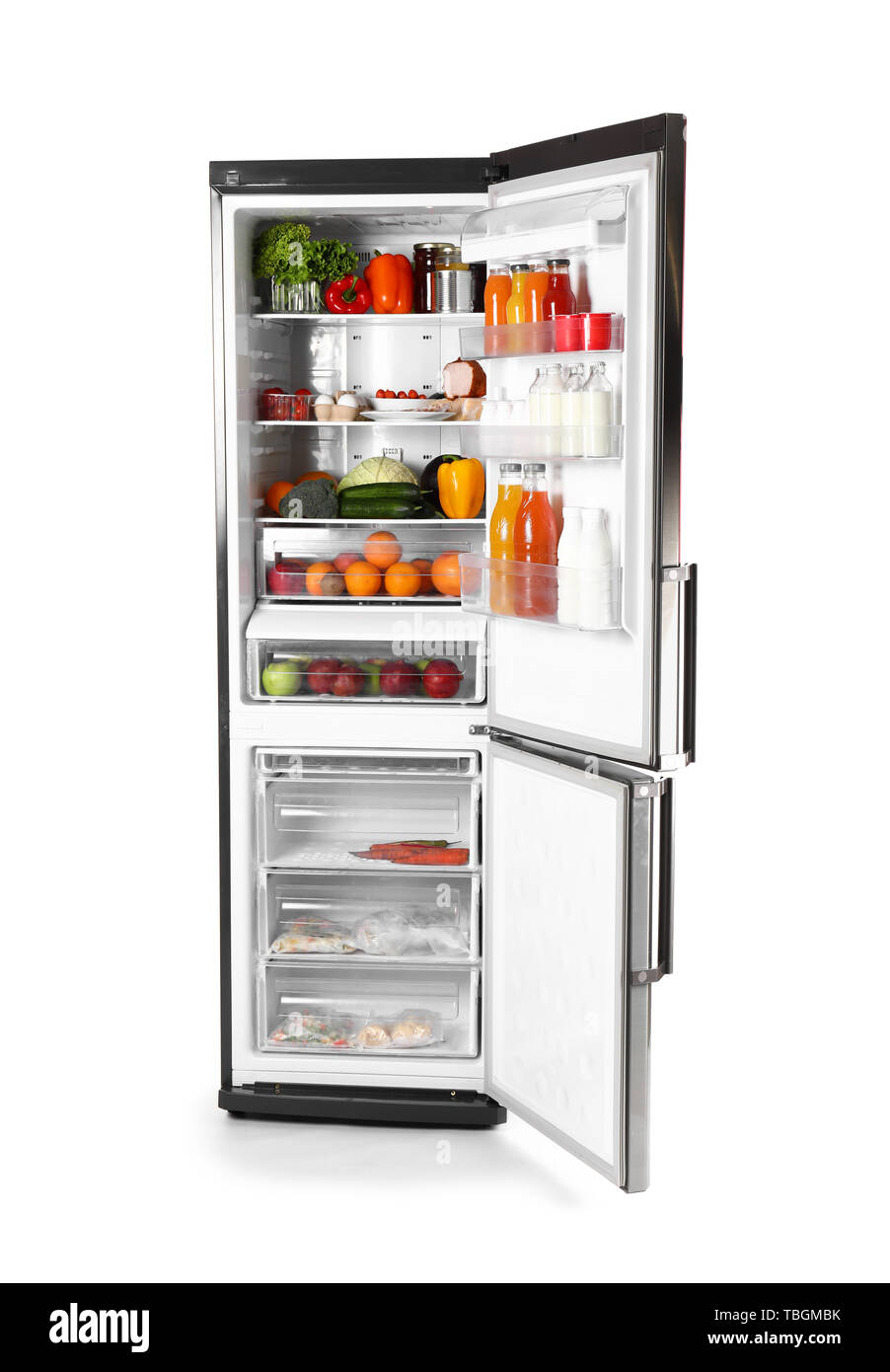 Big modern fridge with fresh products on white background Stock Photo ...