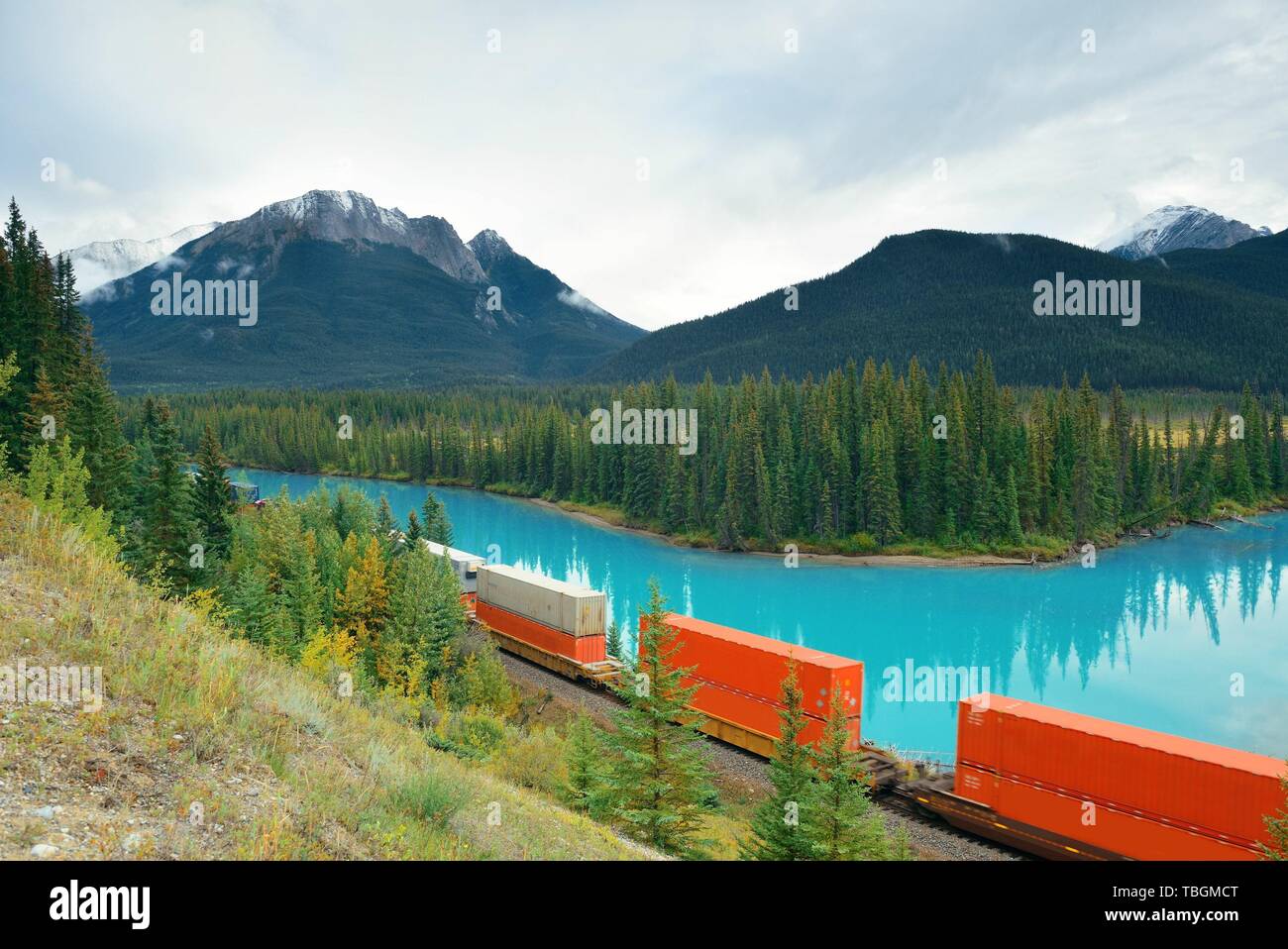 Cargo train and lake forest in Banff National Park in Canada Stock ...