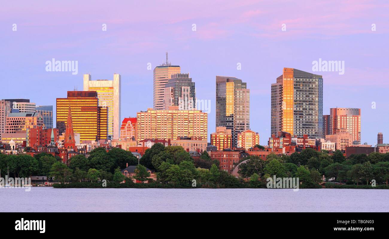 Boston Charles River sunset with urban skyline and skyscrapers Stock ...