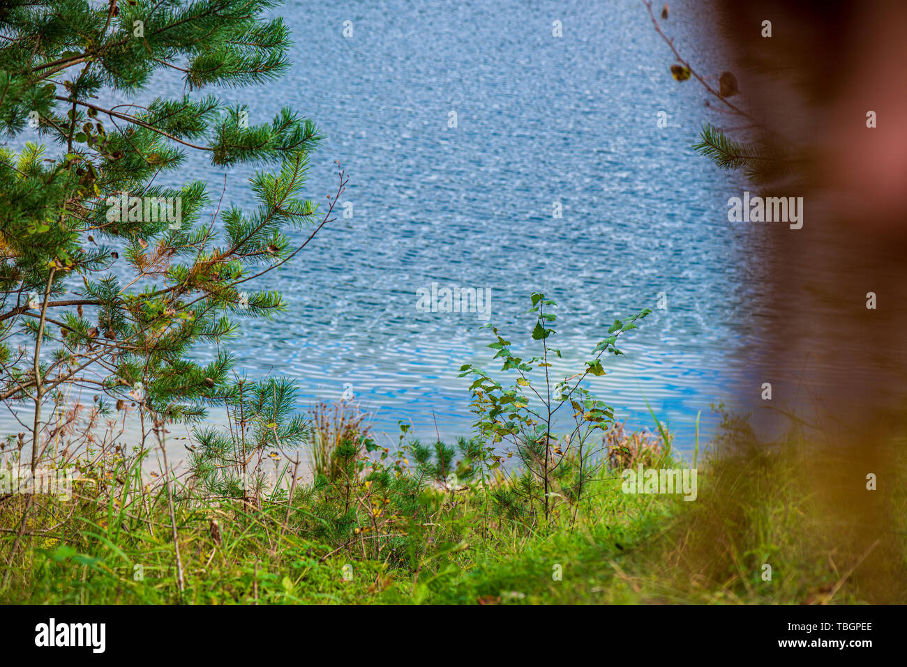 calm countryside lake river with cloud reflections in water and green ...