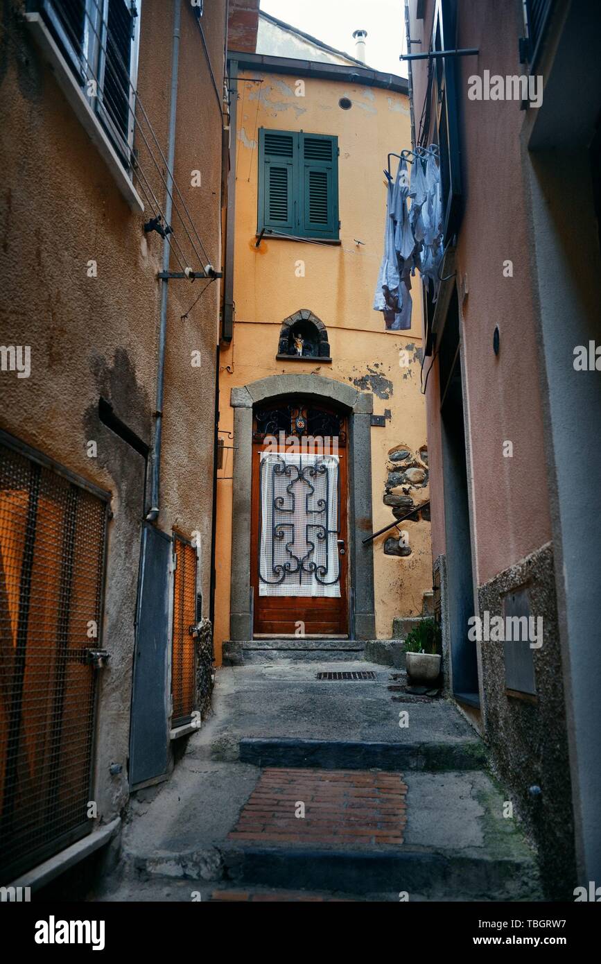 Alley buildings closeup in Vernazza, one of the five villages in Cinque ...