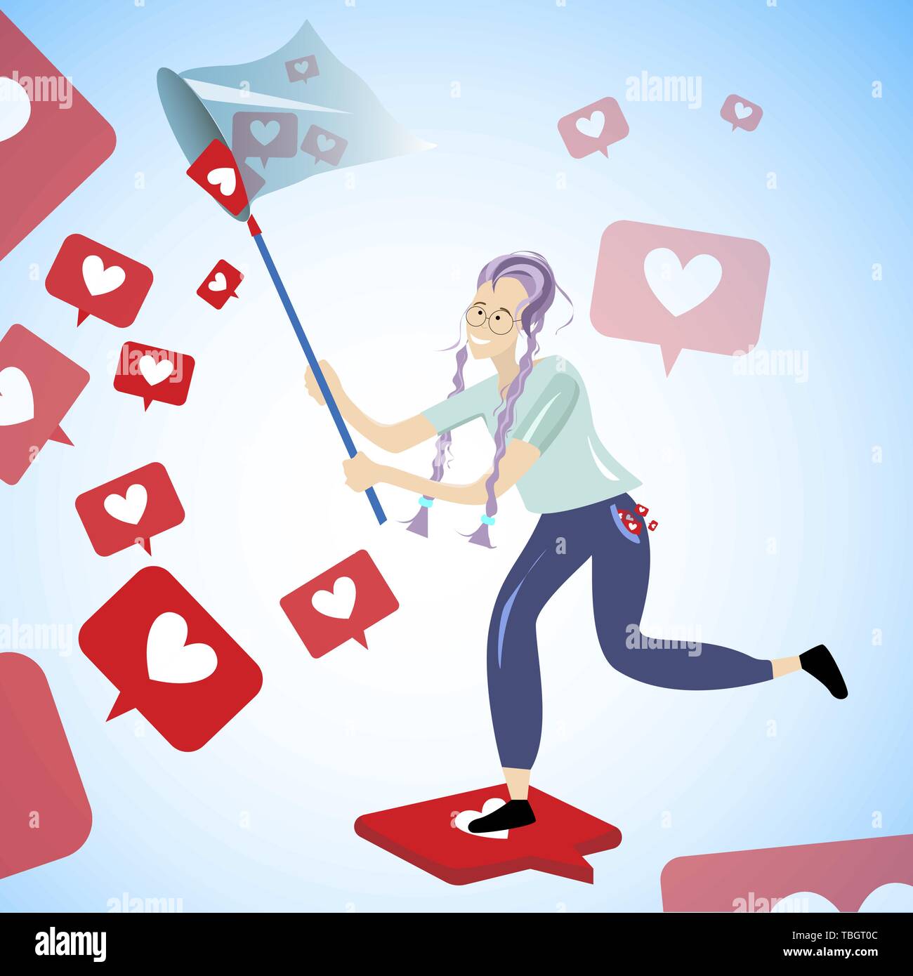 Girl grabbing like and hearts. Vector young grabbing heart online ...