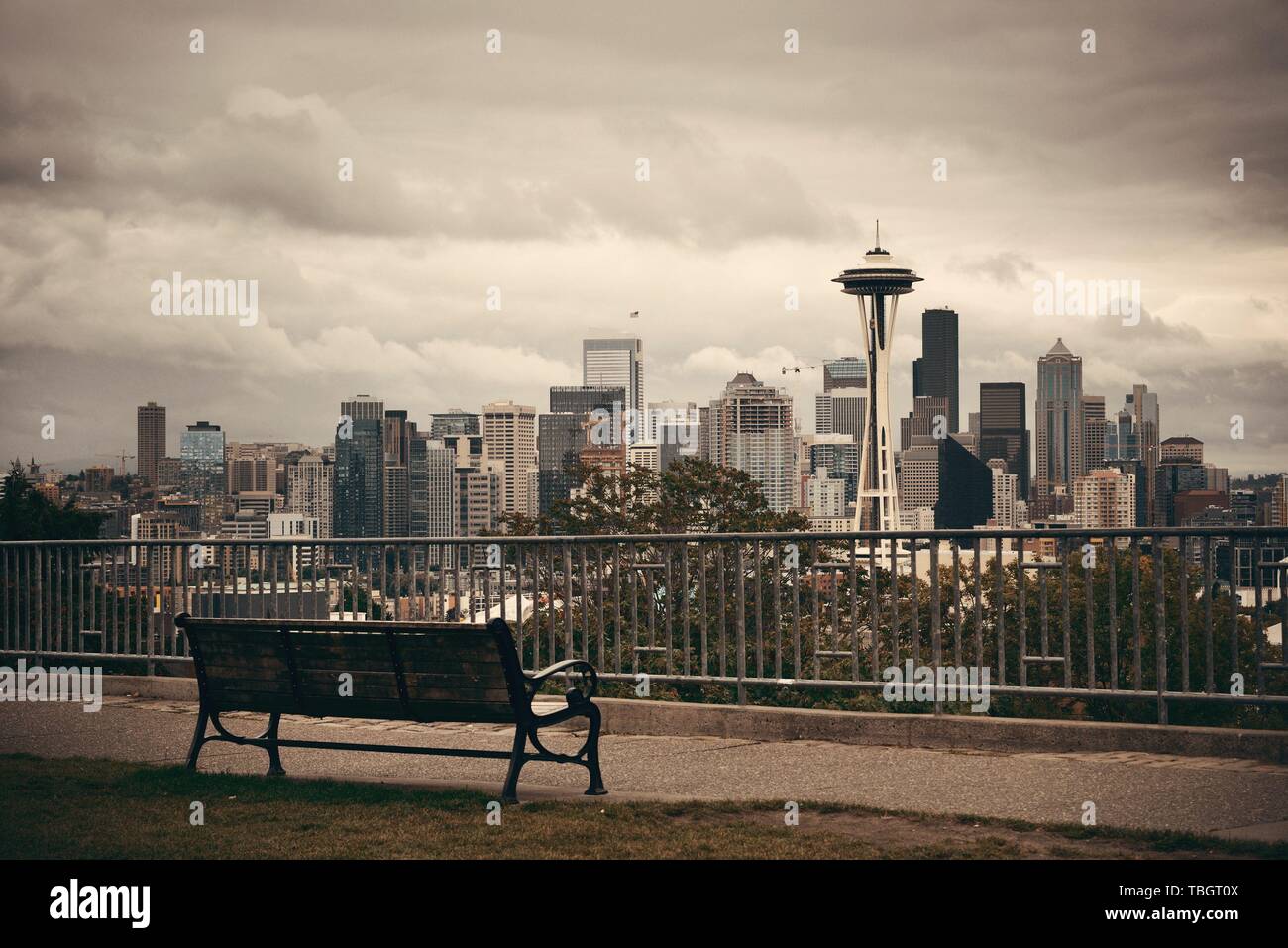 Seattle city view from Kerry Park with urban architecture and bench ...