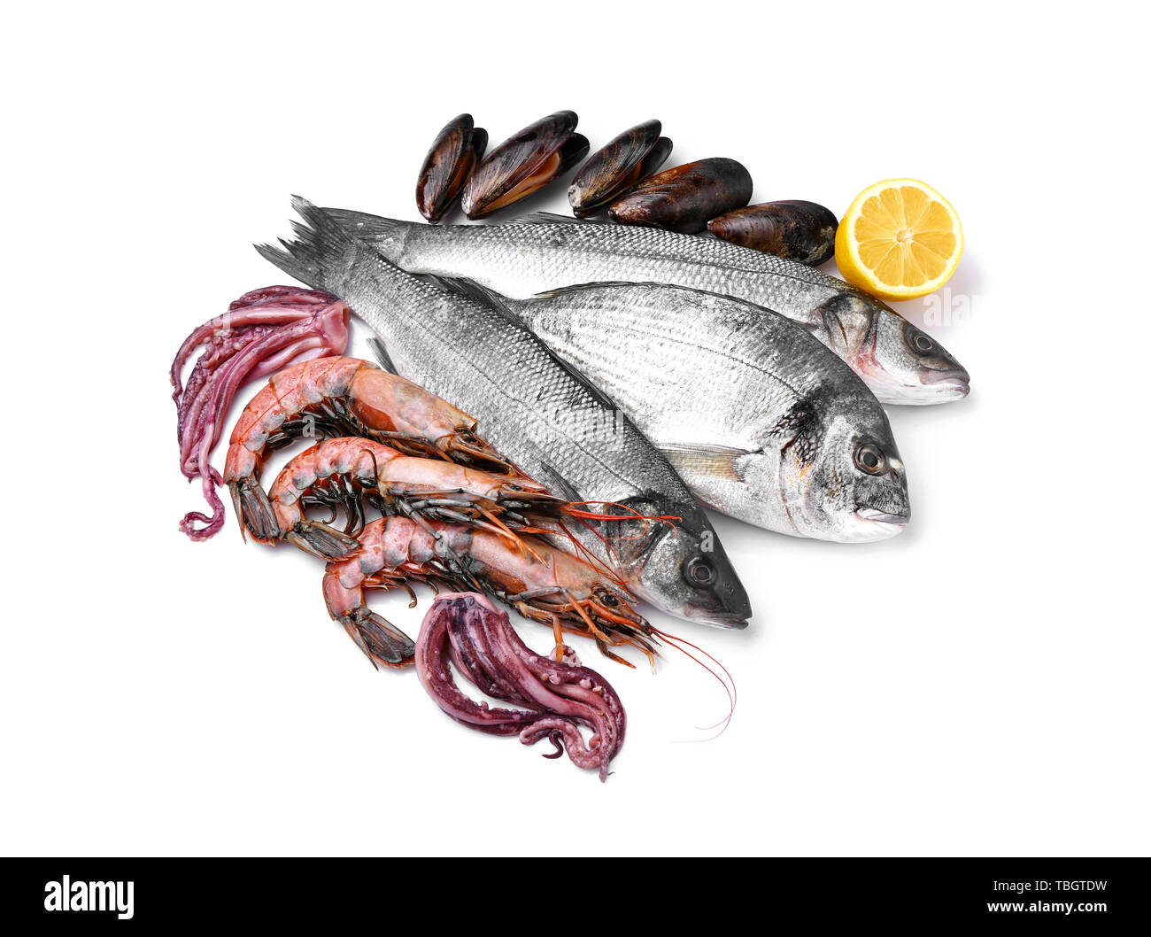 Fresh seafood on white background Stock Photo - Alamy
