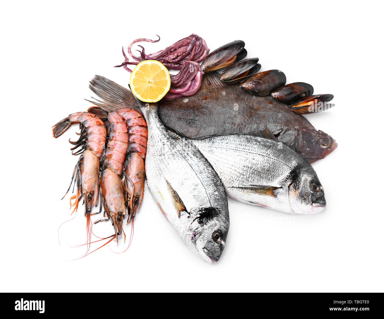Fresh seafood on white background Stock Photo - Alamy