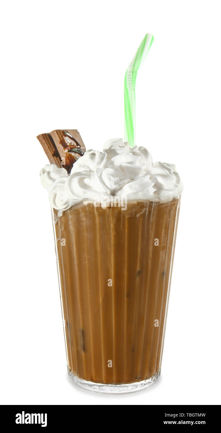Glass of tasty frappe coffee on white background Stock Photo - Alamy