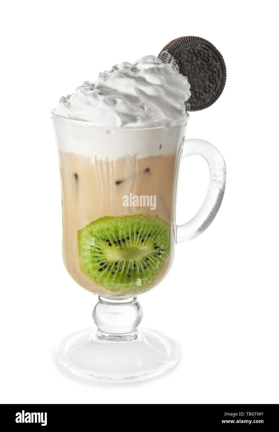 Glass cup of tasty frappe coffee on white background Stock Photo - Alamy