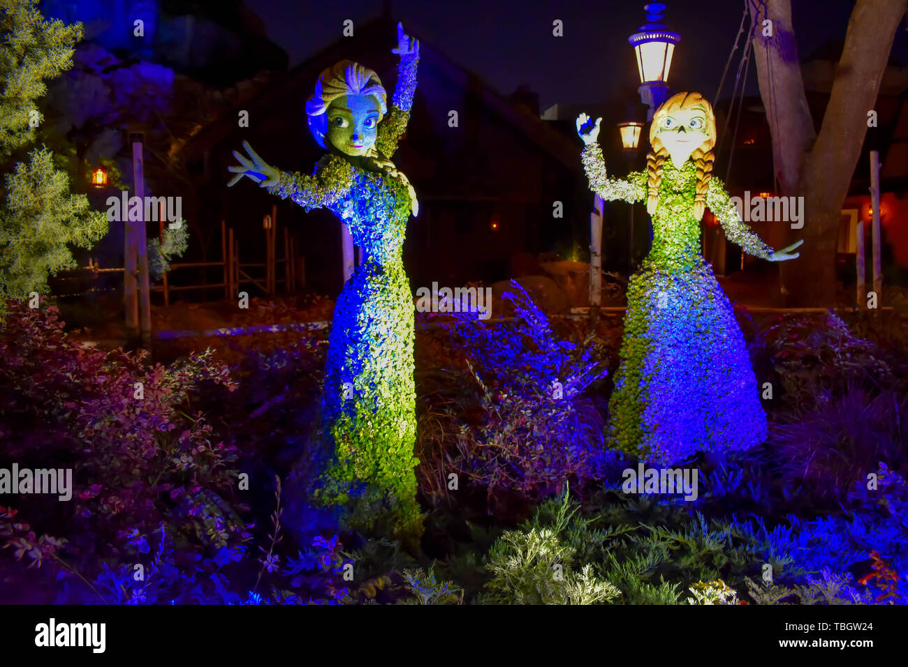 Orlando, Florida . March 27, 2019. Frozen Elsa and Ana illuminated ...