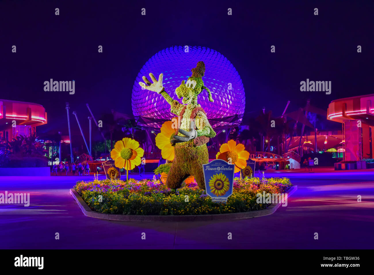 Orlando, Florida . March 27, 2019. Goofy Topiarie on illuminated sphere ...