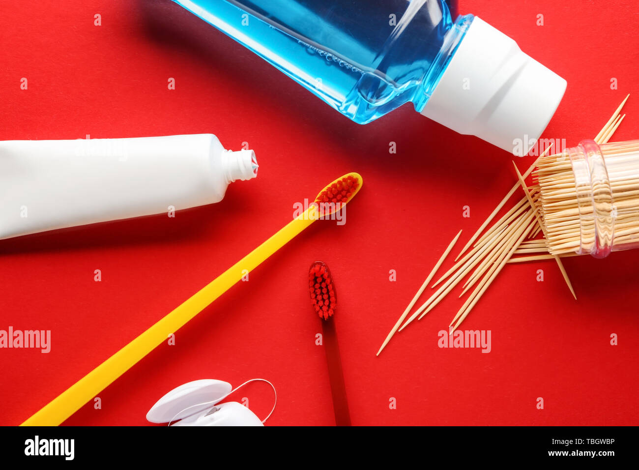 Set for dental hygiene on color background Stock Photo - Alamy
