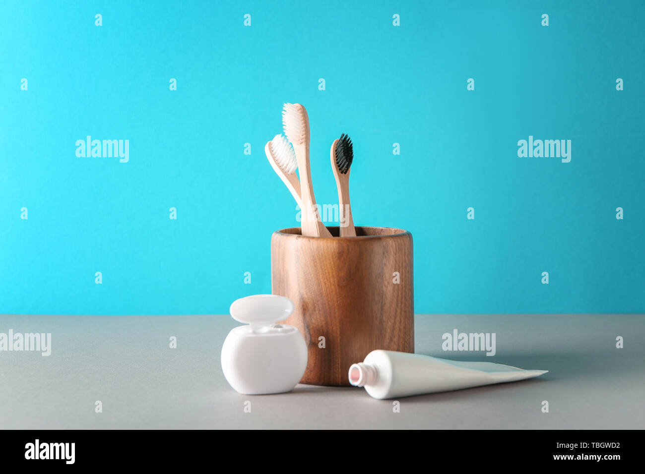 Set for dental hygiene on color background Stock Photo - Alamy