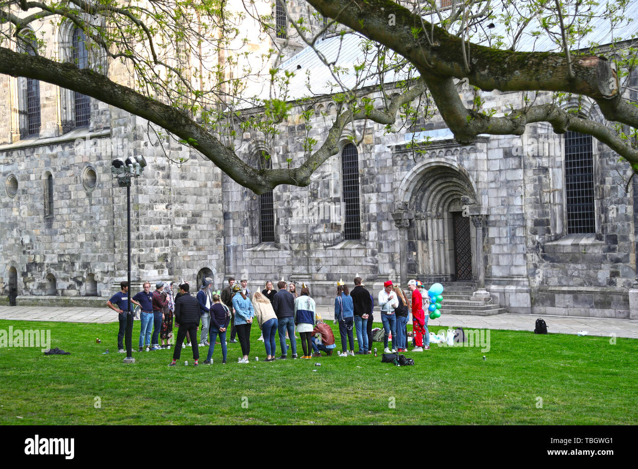 Students next to Lund Cathedral in the student city of Lund Stock Photo ...