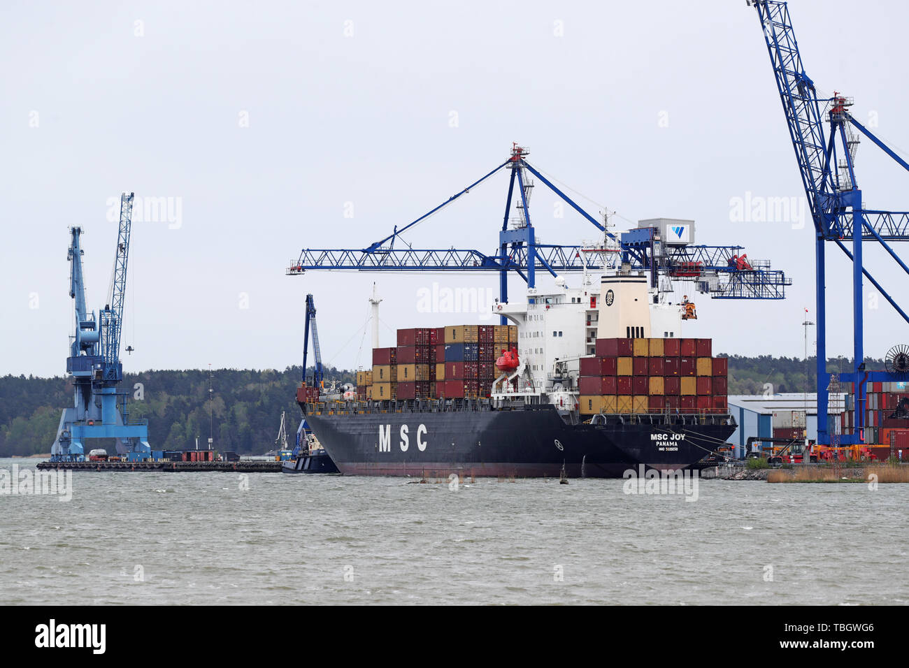 Pampushamnen in Norrköping. Loading of containers on the ship MSC Joy, from Panama Stock Photo ...