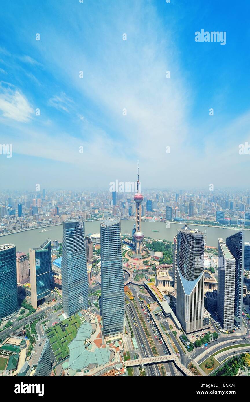 Shanghai city aerial view in the day with blue sky and cloud with ...