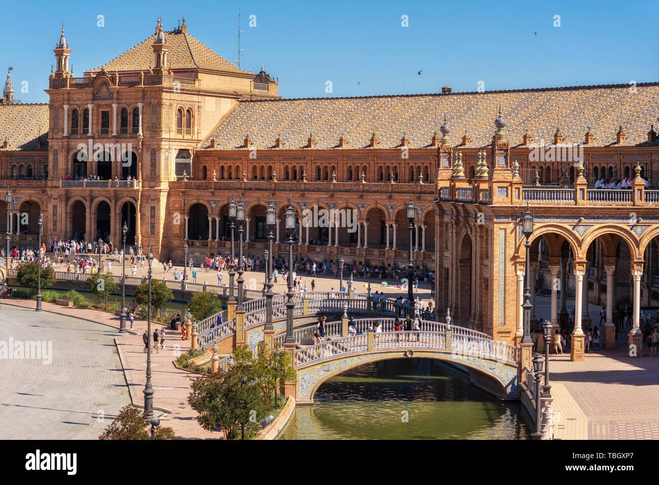 Spanish Square Plaza de Espana in Sevilla in a beautiful summer day ...