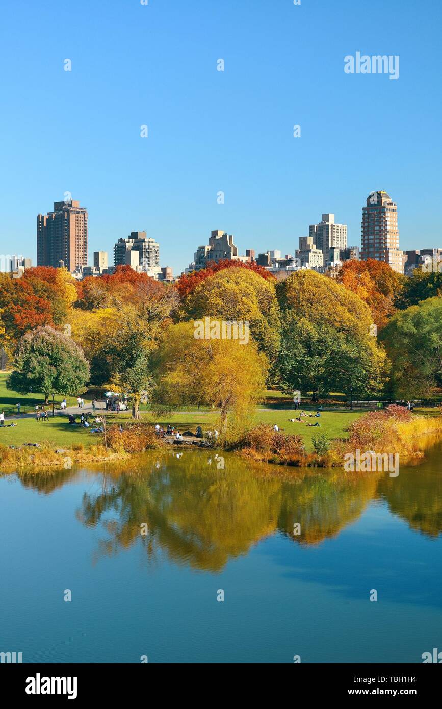 Lake and Autumn foliage with apartment buildings in Central Park of ...