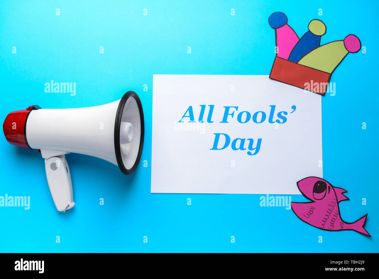 Funny composition for April Fool's Day on color background Stock Photo ...