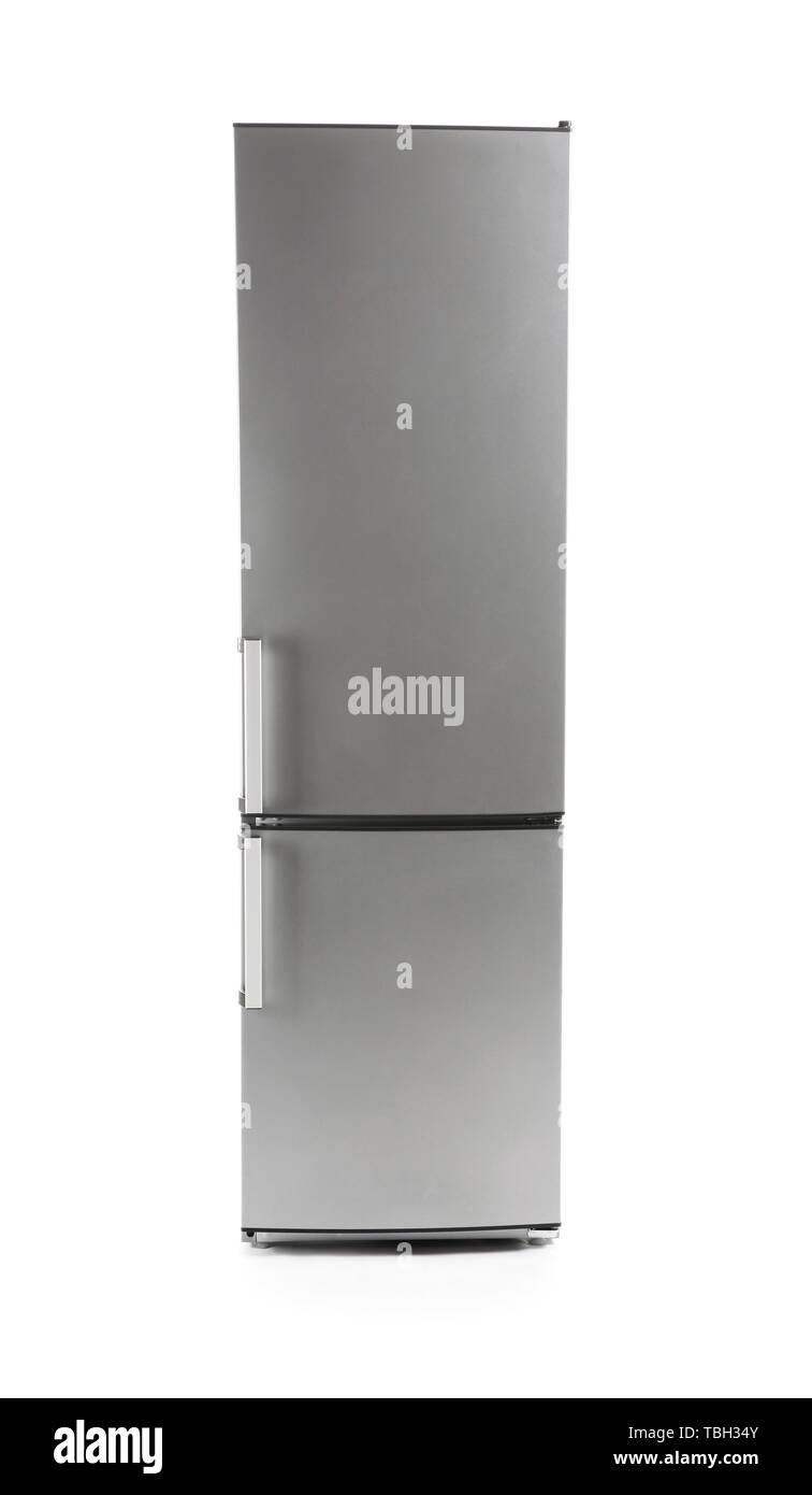 Modern fridge on white background Stock Photo - Alamy
