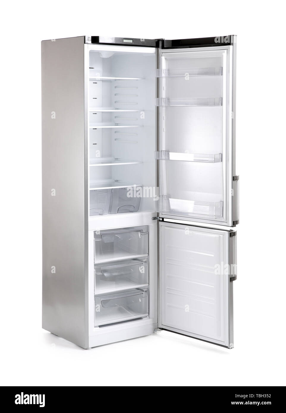 Open empty fridge on white background Stock Photo - Alamy