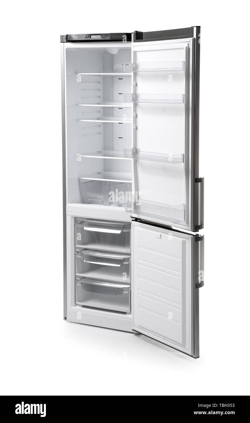 Open empty fridge on white background Stock Photo - Alamy