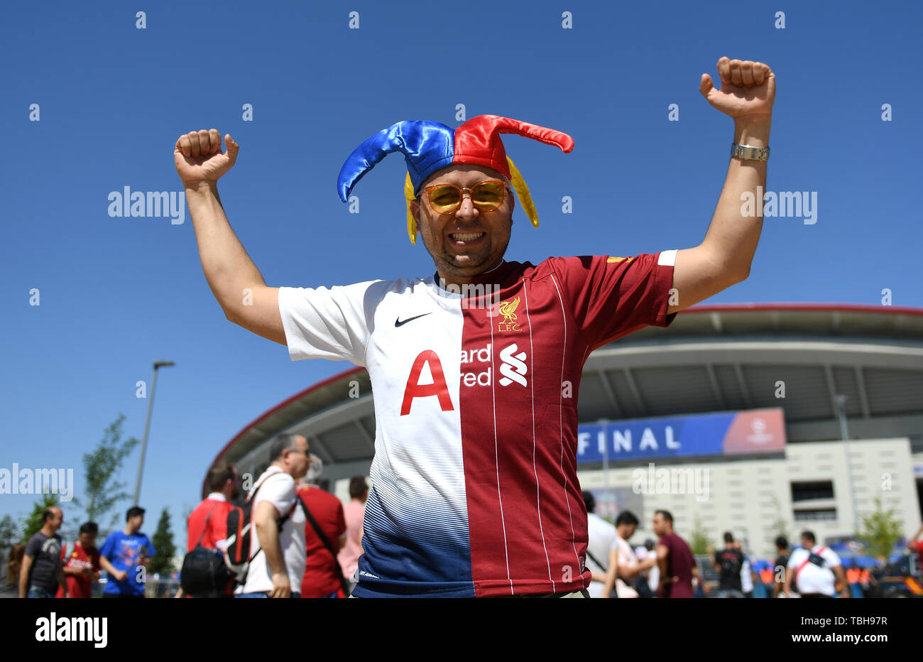 A fan with a half and half shirt before the UEFA Champions League Final ...