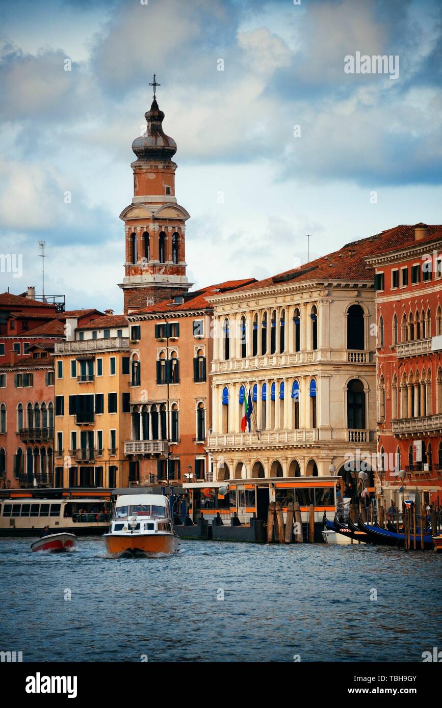 Venice canal view with tower and historical buildings. Italy Stock ...