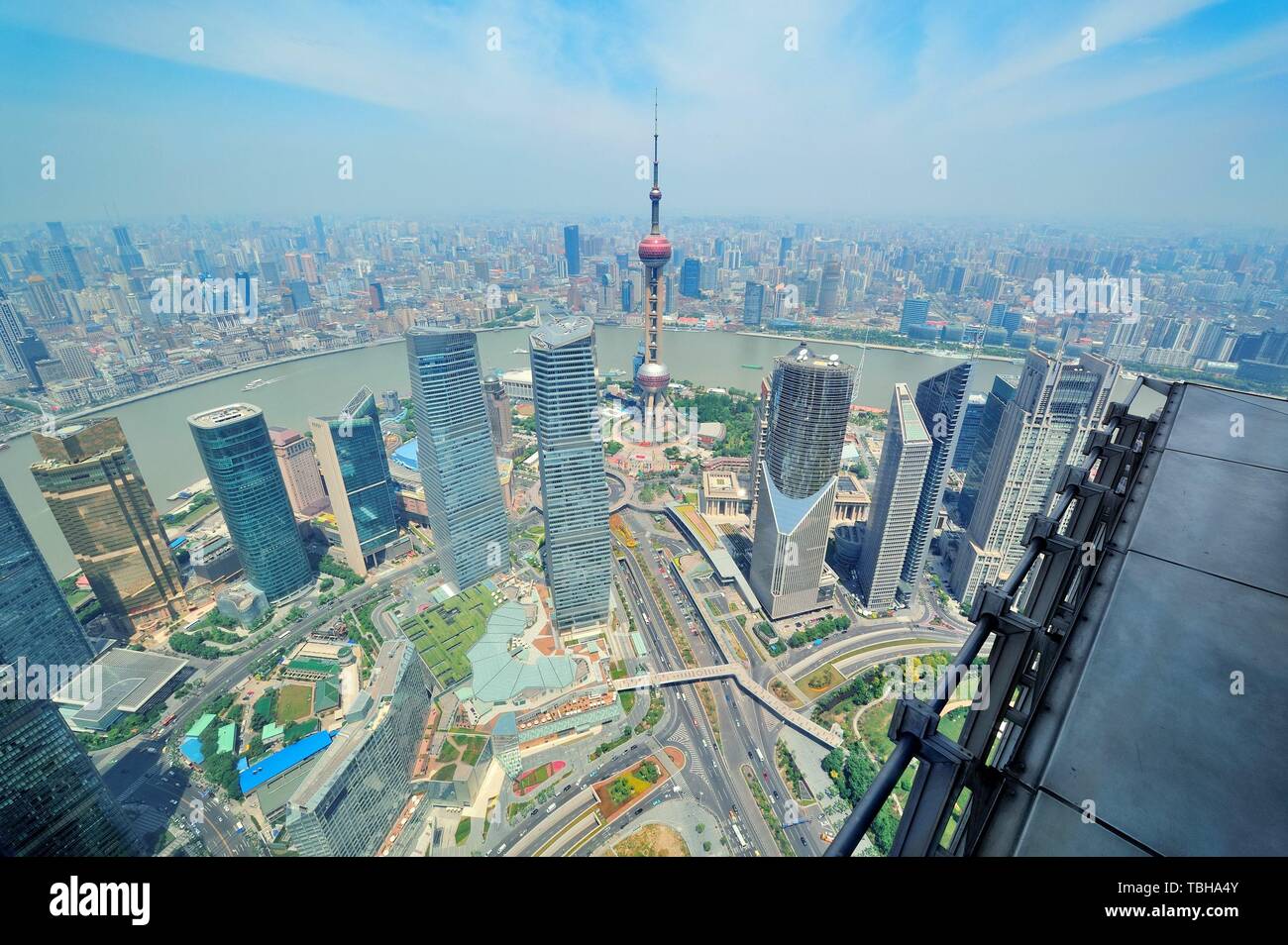 Shanghai city aerial view in the day with blue sky and cloud with ...